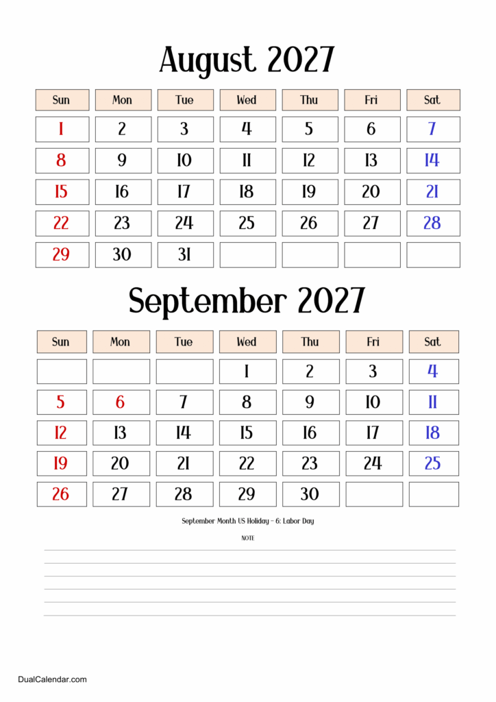 August and September 2027 Calendar - Dual Calendar
