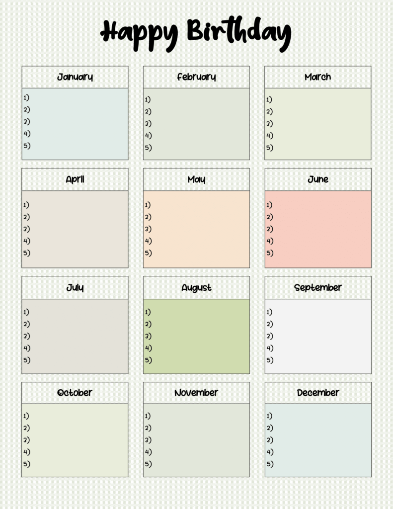 Free Monthly Birthday Calendar Template