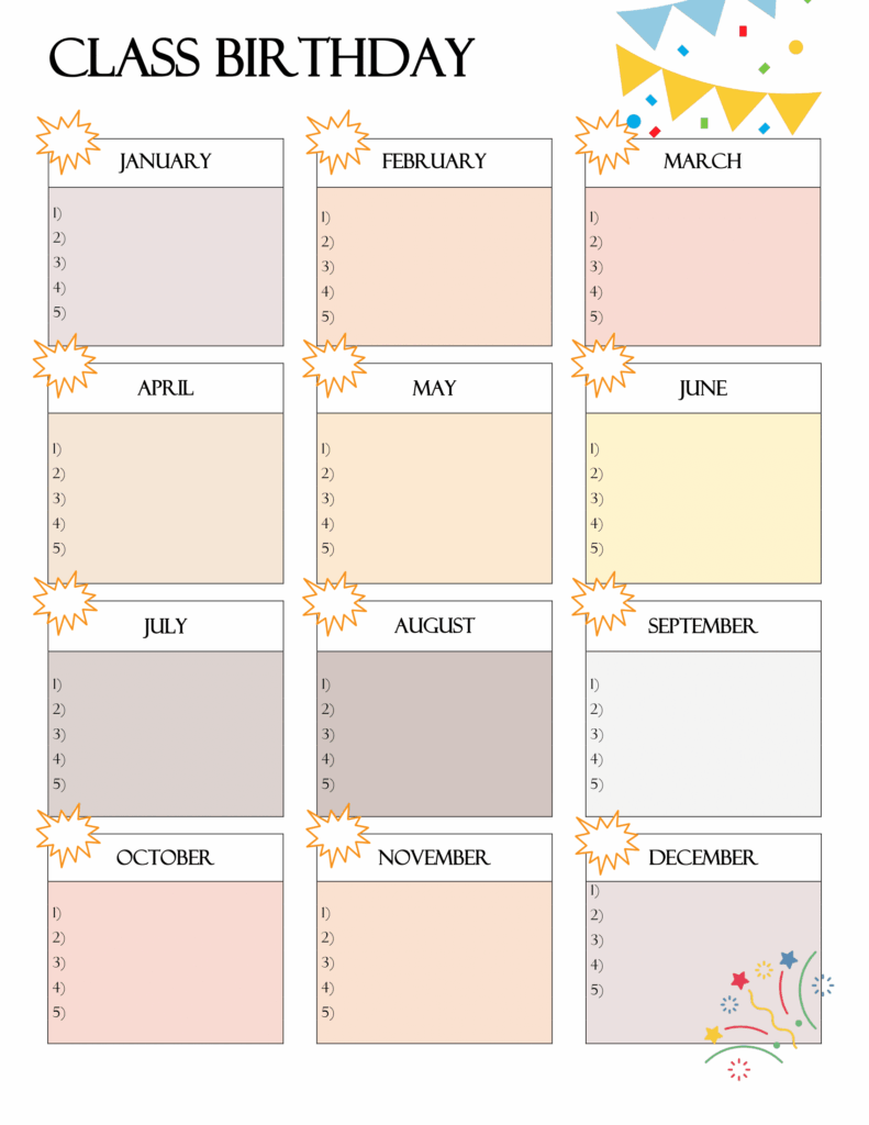 Free Monthly Birthday Calendar Template